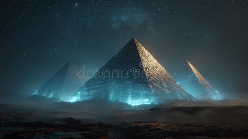 Three Mystical Glowing Pyramids Against a Starlit Sky Stock Image ...