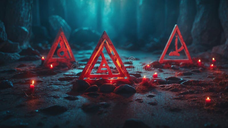 Three Mystical Triangular Runic Symbols Stand among Lit Candles and ...