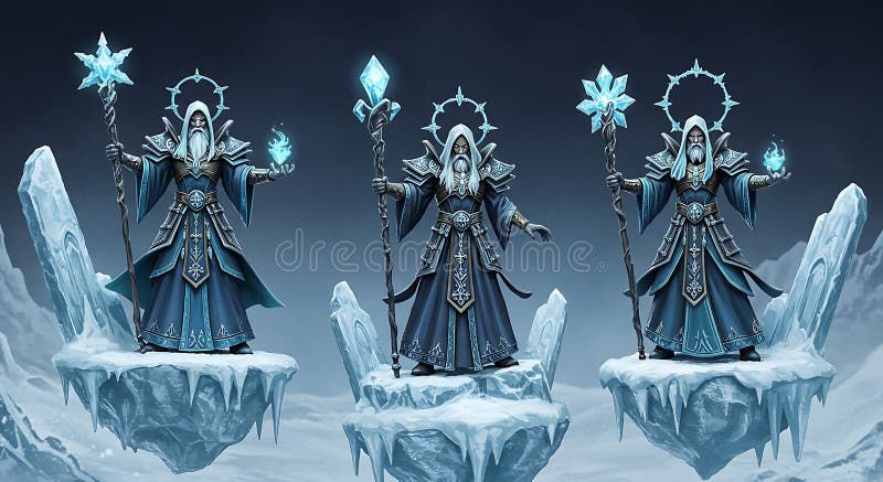 Three Mystical Wizard Figures Stand on Floating Ice Platforms Against a ...