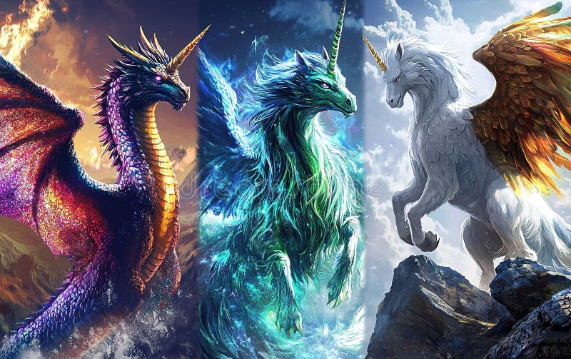 Three Mythical Creatures Displayed Side by Side Showcasing Their Unique ...