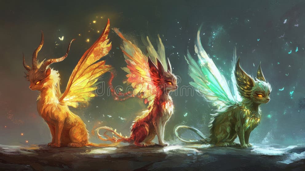 Three Mythical Winged Creatures in Dark Fantasy Setting Stock ...