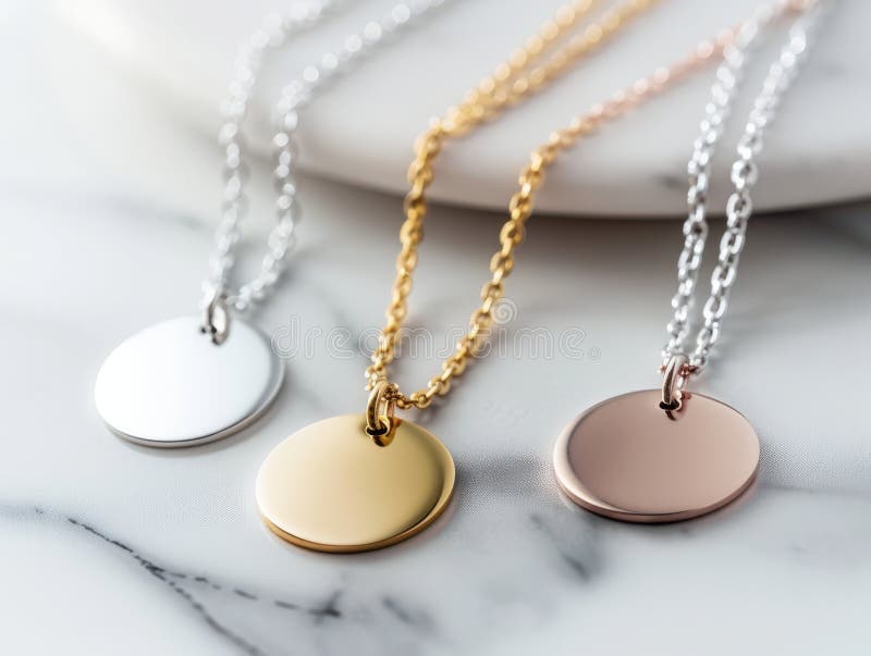 Three Necklaces with Flat Round Pendants in Silver, Gold, and Rose Gold ...