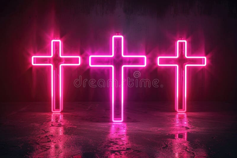 Three Neon Crosses Illuminated in a Dimly Lit Room Stock Photo - Image ...