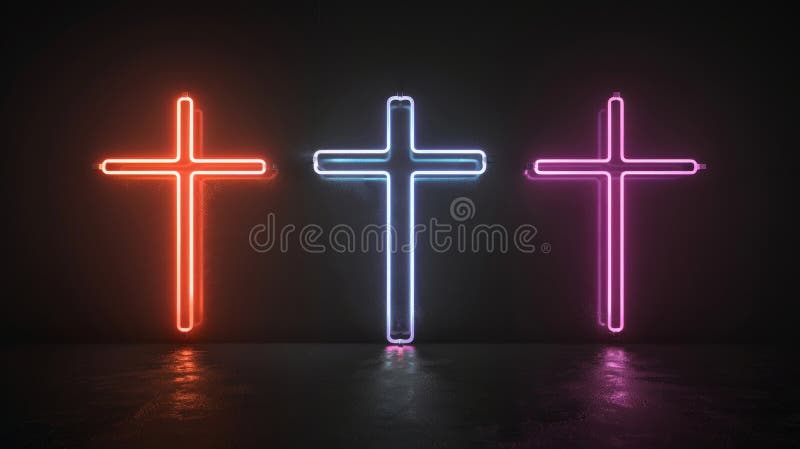 Neon Crosses Illuminated in Vibrant Colors Against a Dark Wall Backdrop ...