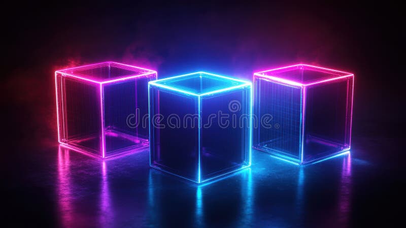 Three Neon Cubes on a Black Surface Stock Illustration - Illustration ...