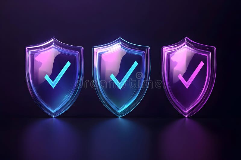 Three Neon Shields with Check Marks in Dark Room Stock Image - Image of ...