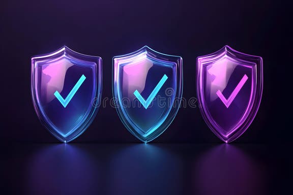 Three Neon Shields with Check Marks in Dark Room Stock Image - Image of ...