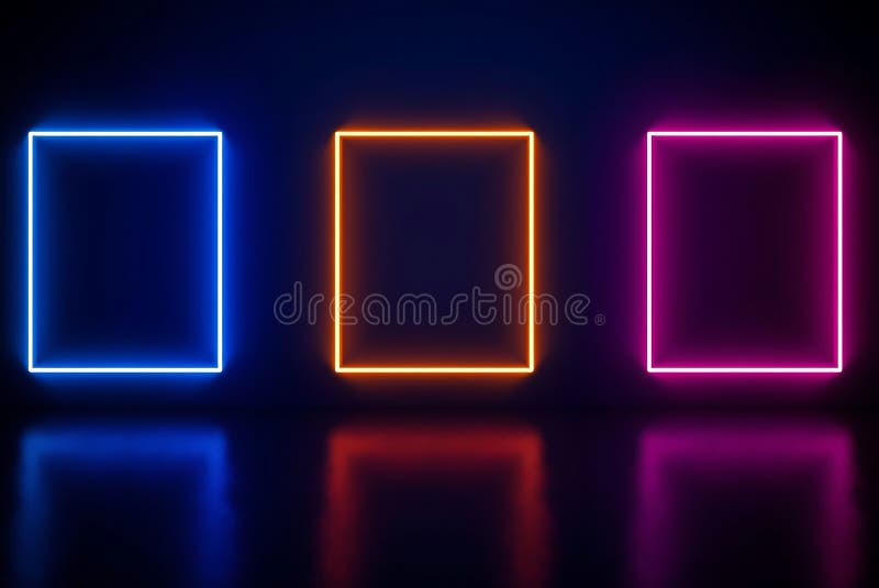 Three Neon Square Frames in Vibrant Colors Against a Dark Background ...