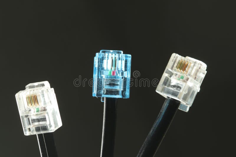 Three Telephone Cables with Connector on Black Stock Image - Image of ...