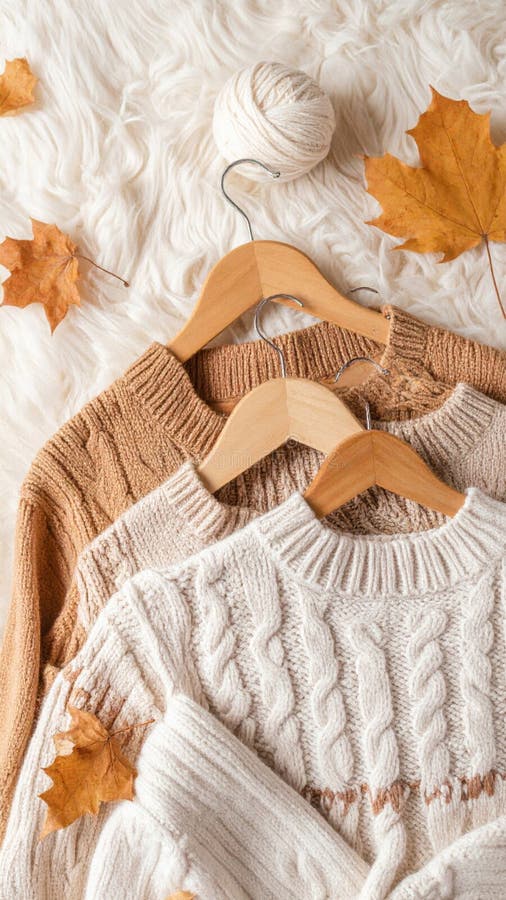 Three Neutral Color Sweaters Arranged with Autumn Leaves on a Fluffy ...