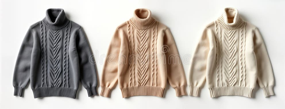 Three Neutral-toned Wool Jumpers Presented Against White Background ...