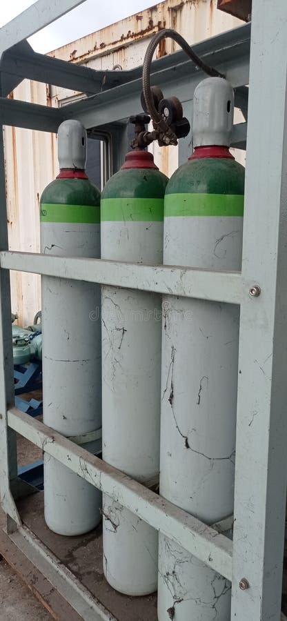 Three Nitrogen Cylinders Lined Up Ready To Use Stock Photo - Image of ...