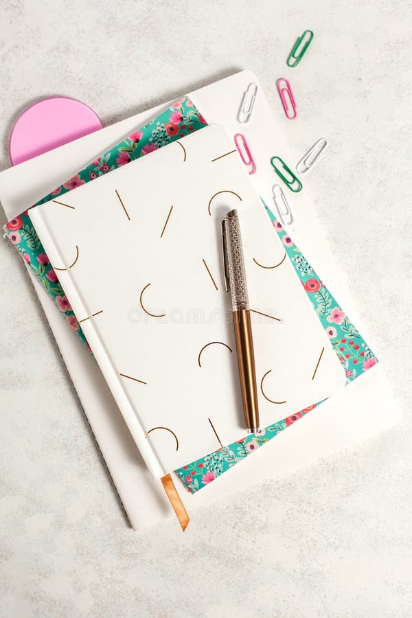 Three Notebooks on White Background with Ink Pen and Copy Spaces ...