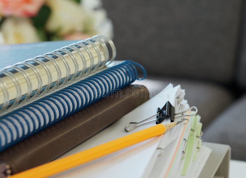 Three Notebooks Yellow Pencil and Stack of Document Stock Photo - Image ...