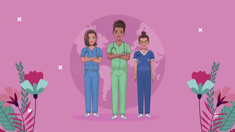 Three Nurses and Earth Planet Characters Stock Video - Video of ...