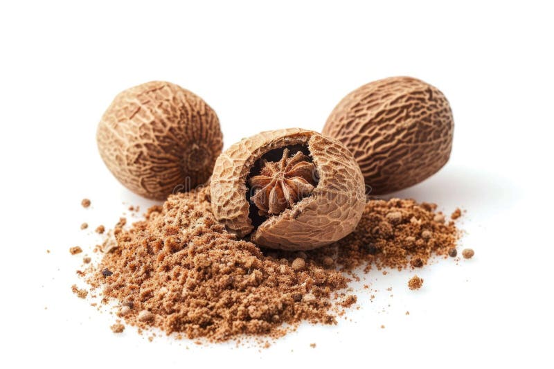 Three Nut Shells and a Pile of Nutmeal on a White Surface. Ideal for ...