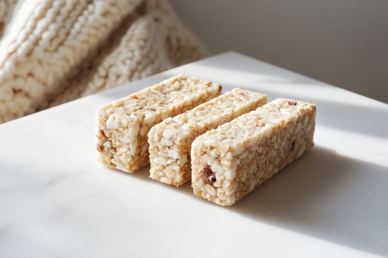 Three Nutritious Snack Bars on a White Marble Table Surface Stock ...