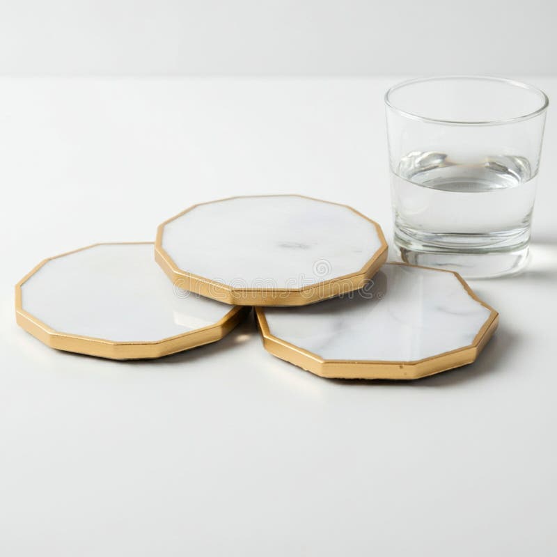 Three Octagonal Coasters with a Marble-like Surface and Gold Edges are ...