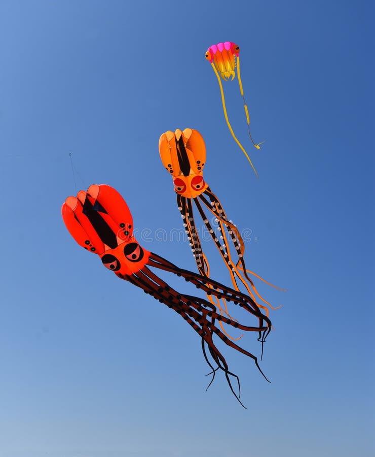 Three Octopus Kites Against Blue Sky Stock Photo - Image of europe ...