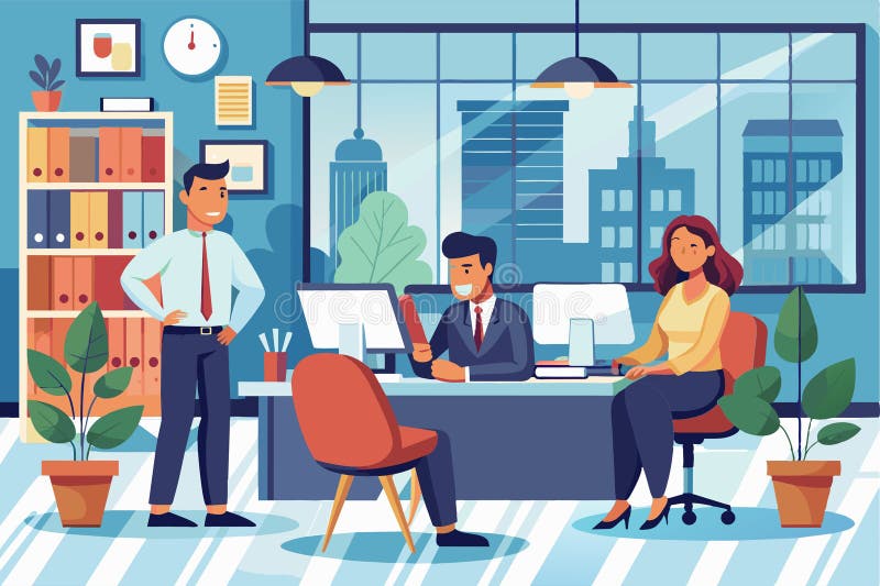 Three Office Workers in a Brightly Lit Modern Office, in the Office ...