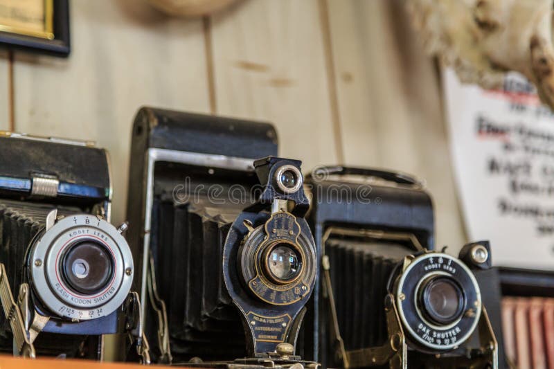 Three Old Cameras Sit on a Shelf, One of Which is a Peacock Shutter ...