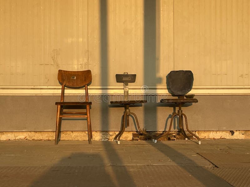 Three Old Chairs on Street at Sunset. Stock Image - Image of chairs ...