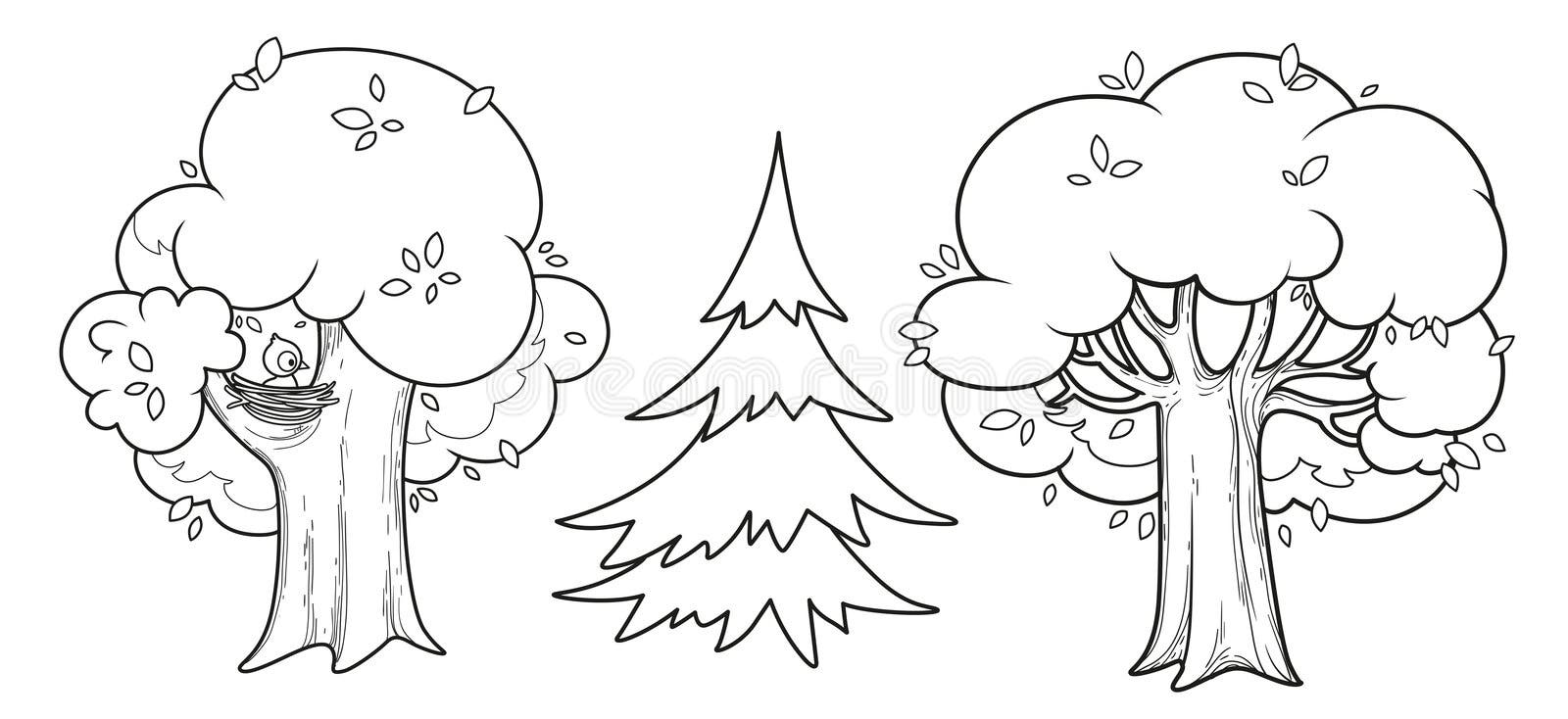 Drawing of a Deciduous Tree with Bushes and a Stone with Grass Stock ...