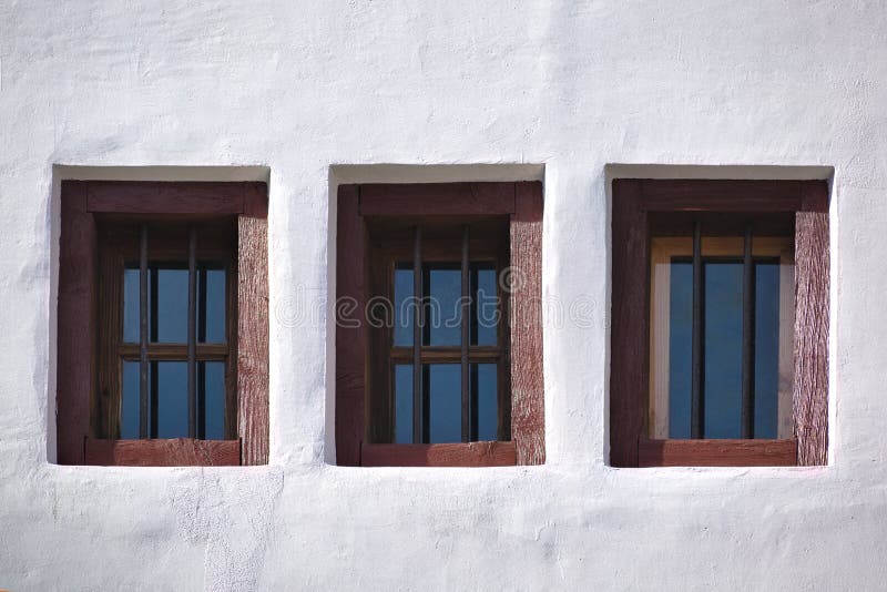 Three Old Vintage Windows on White Wall Stock Image - Image of wood ...