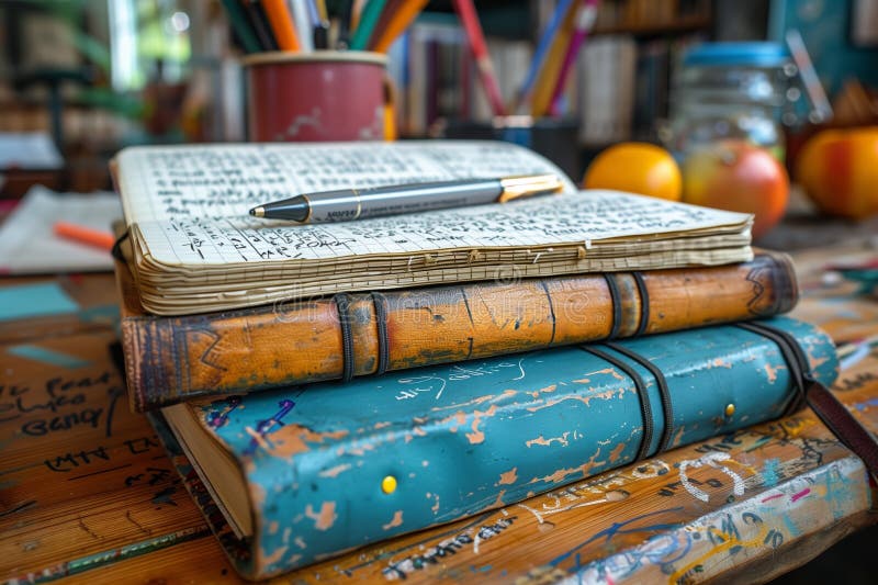 Stack of Worn Journals with Pen on Top, Resting on a Wooden Table Stock ...