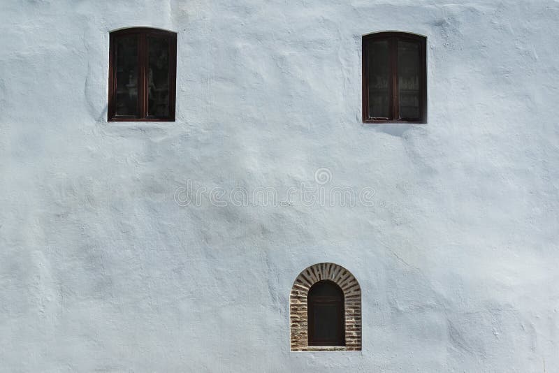 Three Old Windows on Ancient White Wall. Windows in Rectangular and ...
