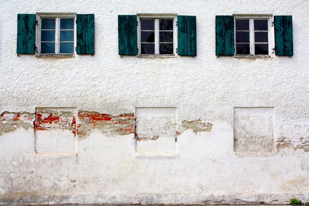 Three Old Windows on Old White Wall As Background Stock Image - Image ...