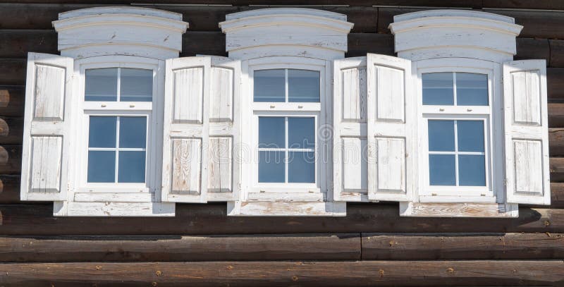 Three Old Wooden Windows with Open Shutters. Old Russian Country Style ...