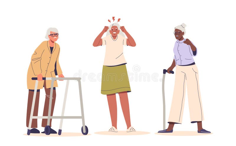 Three Older Characters Expressing Frustration while Using Mobility Aids ...