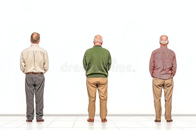 Three Older Men Stand Side by Side Facing a Blank Wall, Each with a Unique Style Stock Image ...