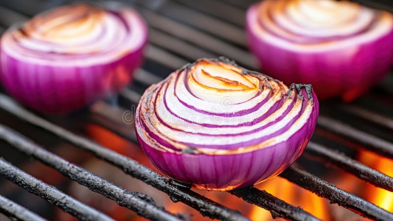 Three Onions are Cooking on a Grill with Flames, AI Stock Photo - Image ...