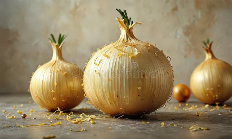 Three Onions with Green Tops and Yellow Seeds are Arranged on Gray ...