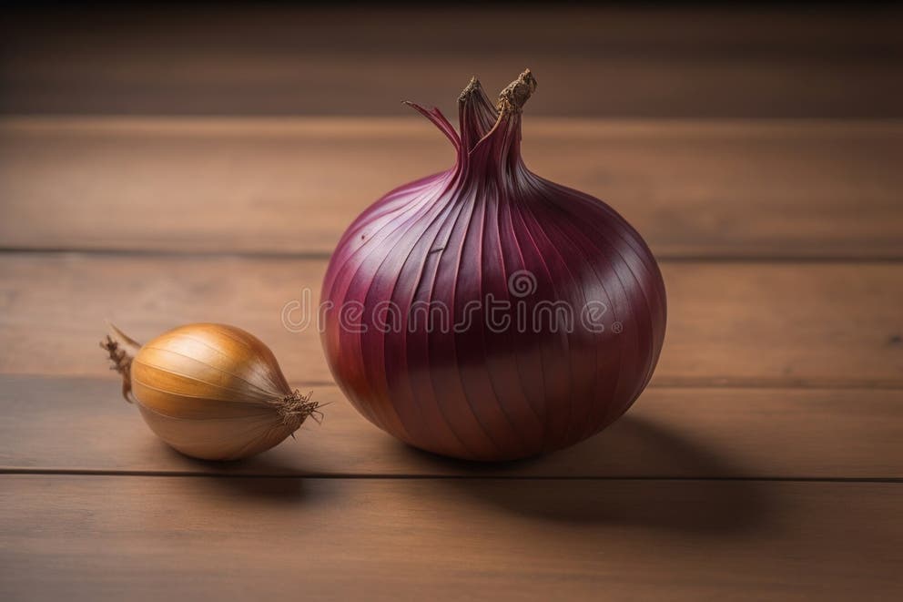 Three Onions on a Wooden Table in Front of a Solid Color Background. Ai ...