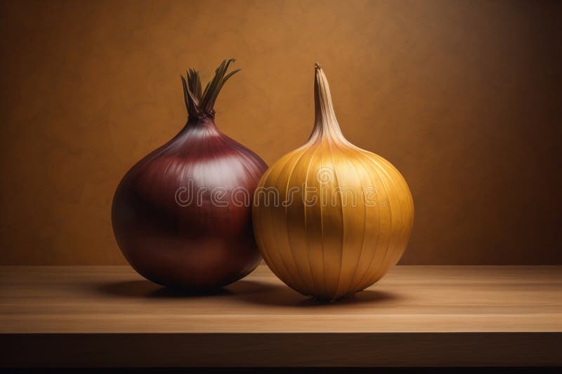 Three Onions on a Wooden Table in Front of a Solid Color Background. Ai ...