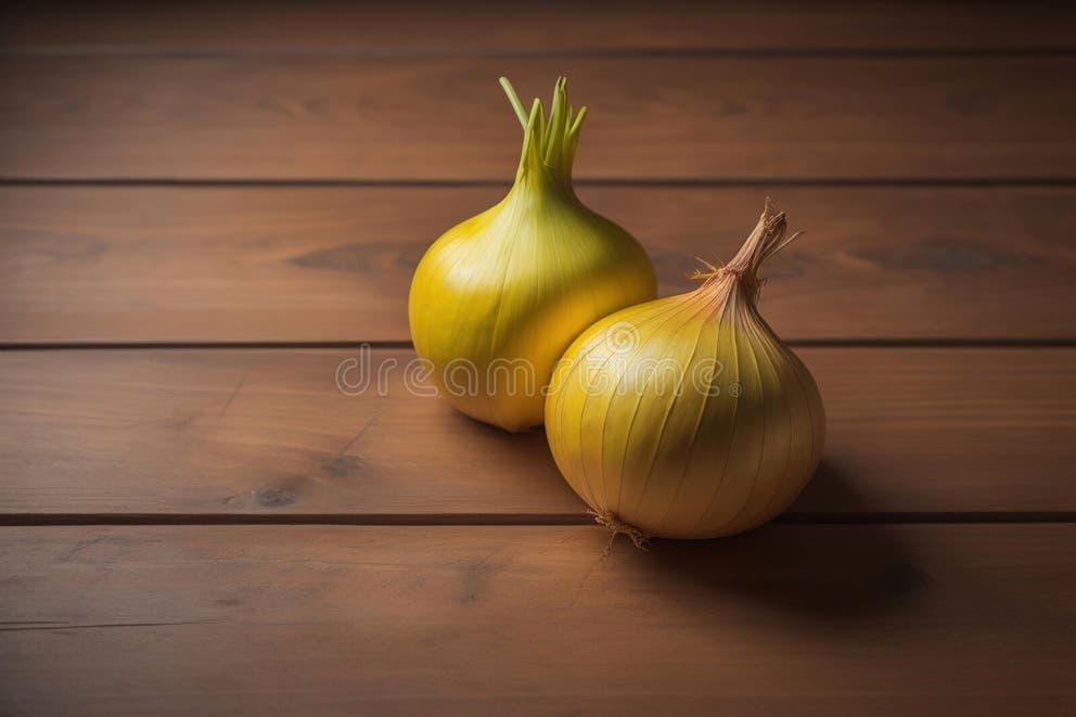 Three Onions on a Wooden Table in Front of a Solid Color Background. Ai ...