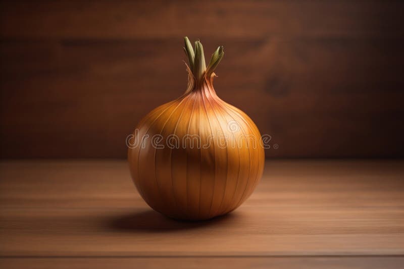 Three Onions on a Wooden Table in Front of a Solid Color Background. Ai ...