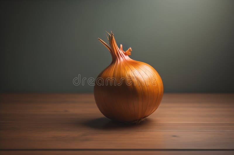 Three Onions on a Wooden Table in Front of a Solid Color Background. Ai ...