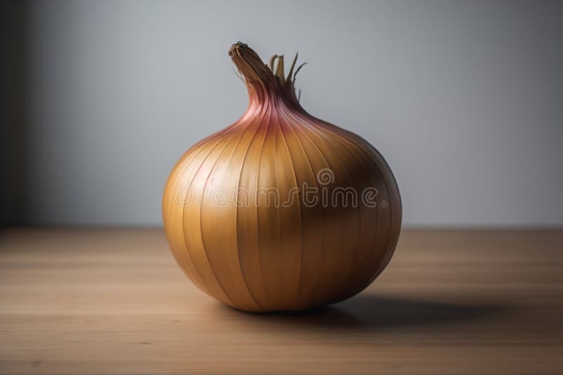 Three Onions on a Wooden Table in Front of a Solid Color Background. Ai ...