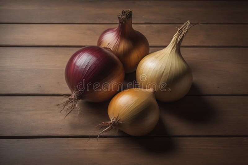 Three Onions on a Wooden Table in Front of a Solid Color Background. Ai ...