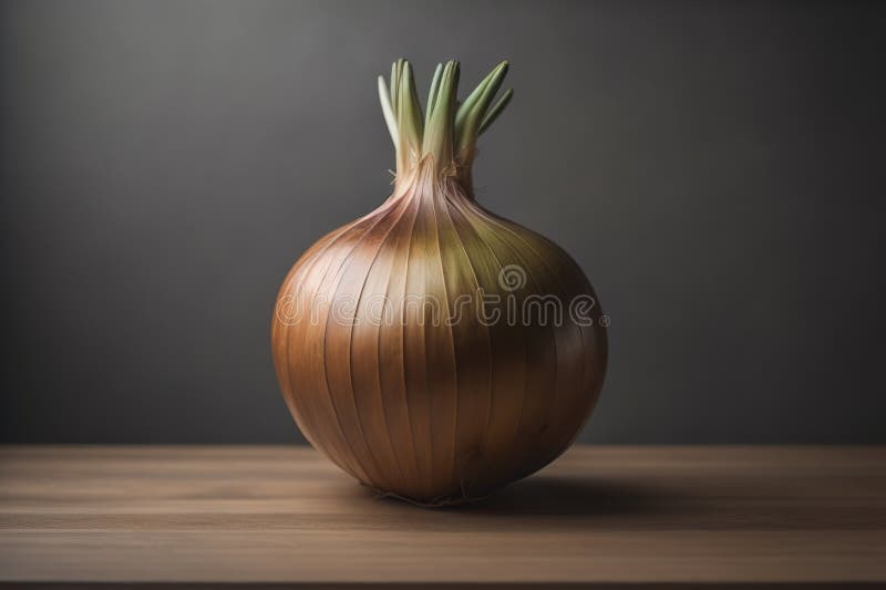 Three Onions on a Wooden Table in Front of a Solid Color Background. Ai ...
