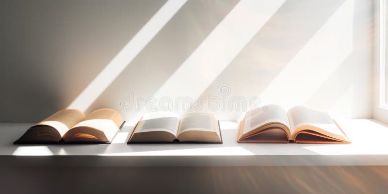 Three Open Books on a Bookshelf in Sun Rays, Copy Space for Text ...