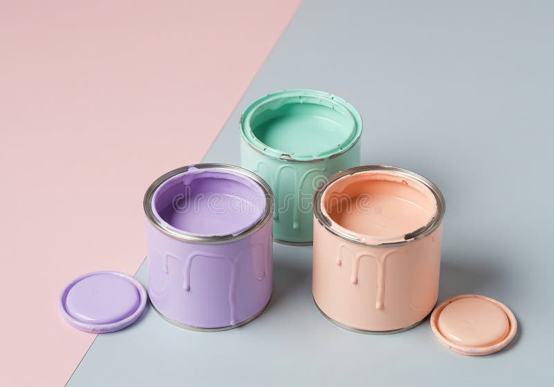 Three Open Cans of Pastel Paint on Pink and Grey Background Stock ...