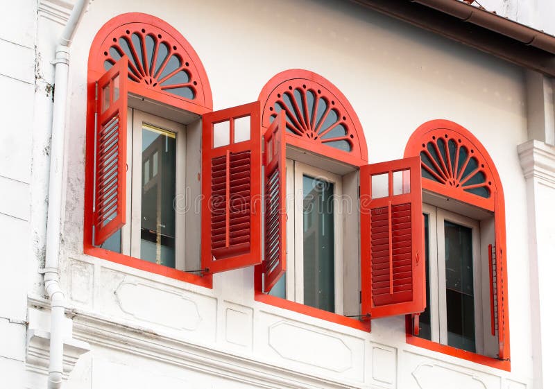 Three Windows With Red Open Shutters Stock Image - Image of exterior ...