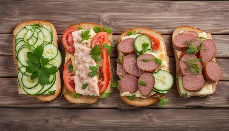 Three Open Sandwiches with Bread, Sausage, Cheese, Pomodory, Cucumber ...