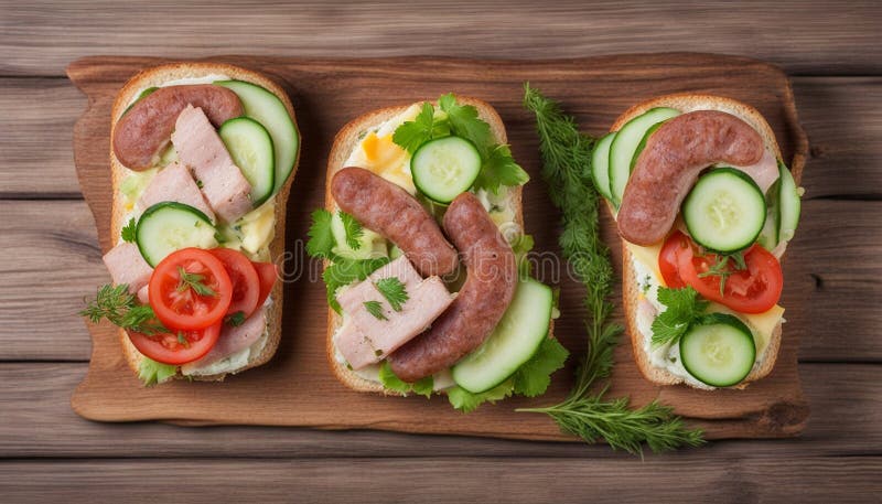 Three Open Sandwiches with Bread, Sausage, Cheese, Pomodory, Cucumber ...