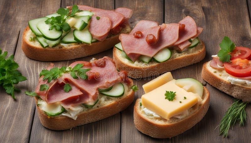 Three Open Sandwiches with Bread, Sausage, Cheese, Pomodory, Cucumber ...